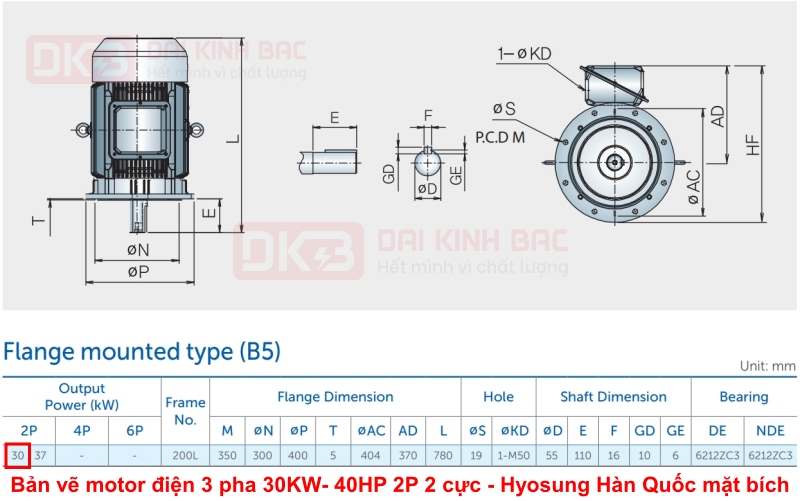 Motor Điện 3 Pha 30KW- 40HP 2P 2 Cực - Hyosung Hàn Quốc